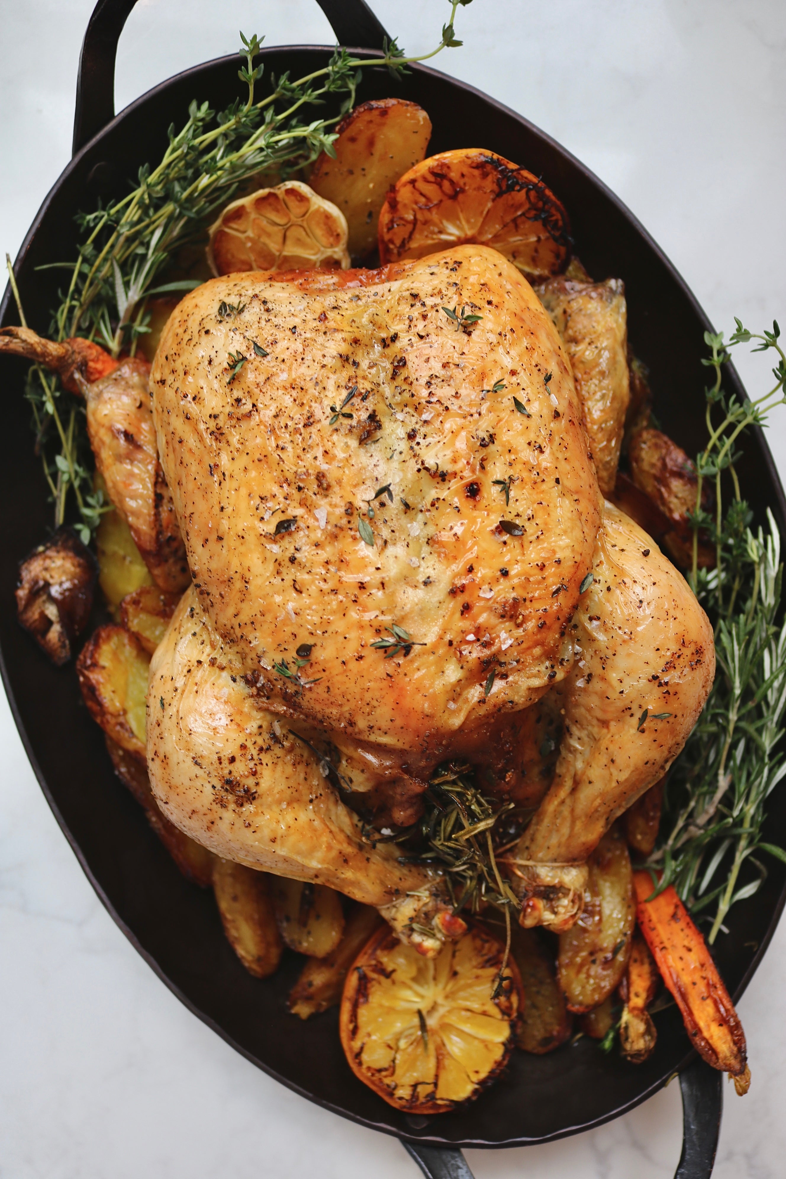 French Roast Chicken with Fingerling Potatoes, Crème Brûlée, Roasted B ...